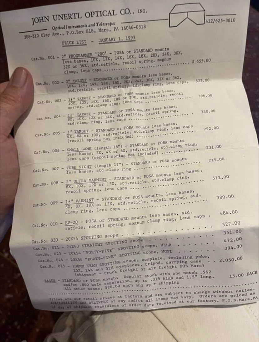 1993 Unertl Optics Price List – Scattered Shots